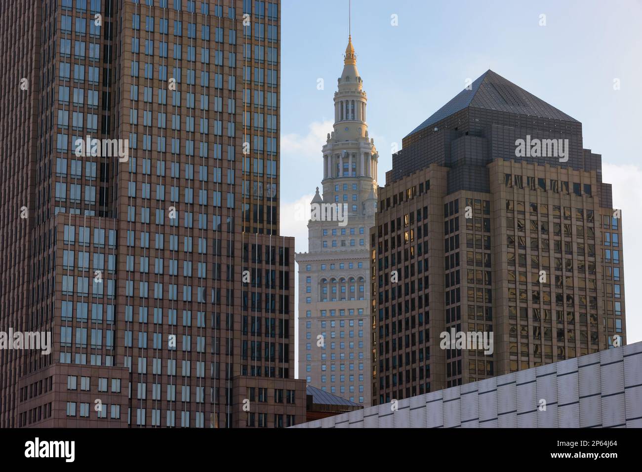 A section of tall buildings in downtown Cleveland, Ohio under bright ...