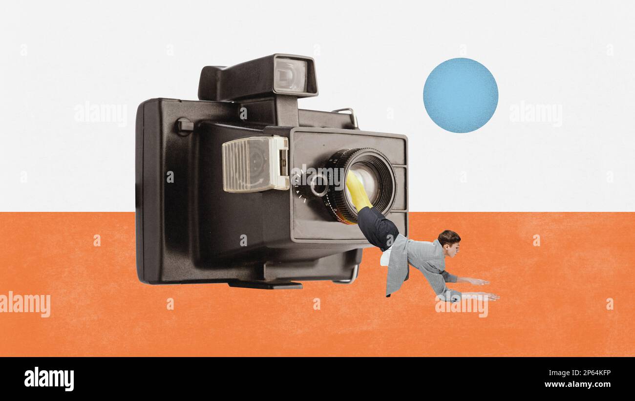 Creative collage, contemporary modern design about teen boy and retro ...