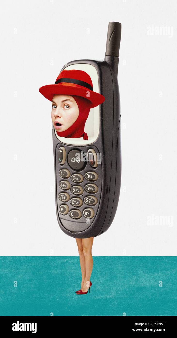 Contemporary modern artcollage about strange woman and retro mobile ...