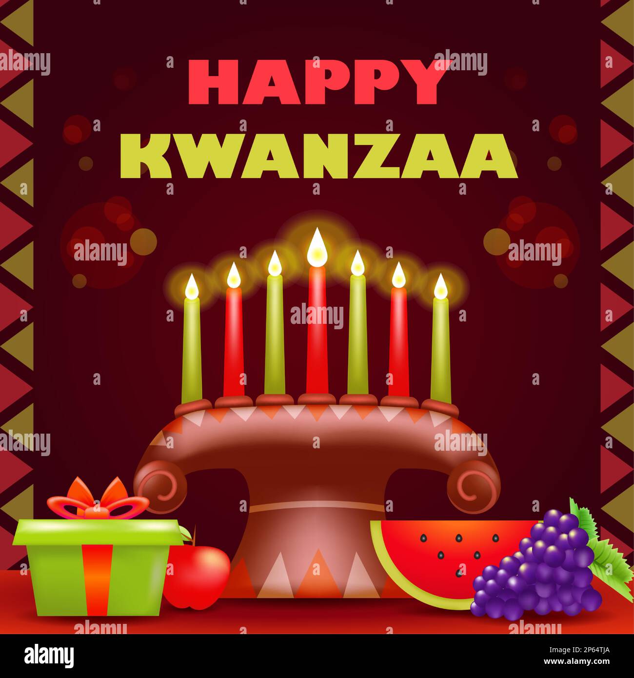 Happy Kwanzaa, 3d illustration of seven traditional color candles with ...