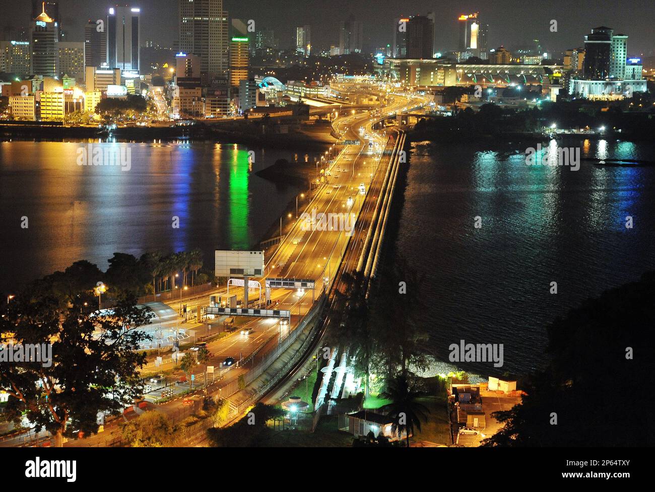 A night view of the Causeway at Woodlands, which crosses the Johor ...