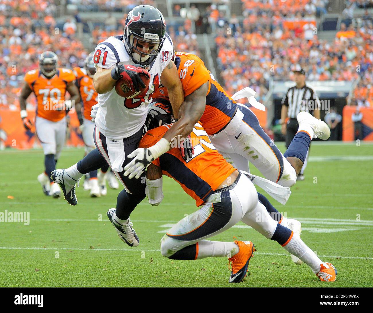 Houston Texans tight end Owen Daniels (81) dives over the goal line for ...