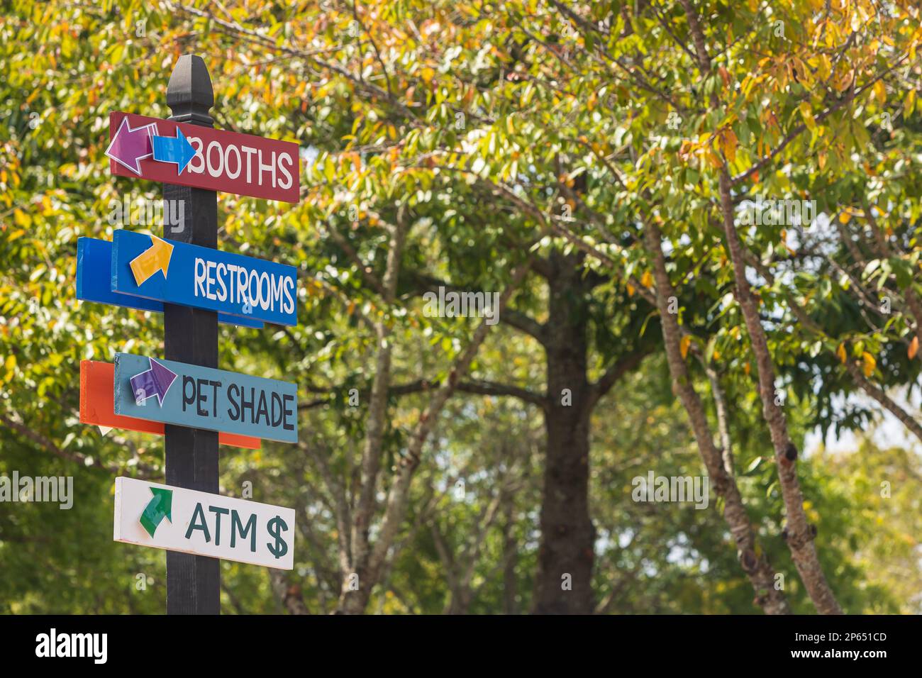 Hand painted wood signs attached to a pole give info and directions at ...
