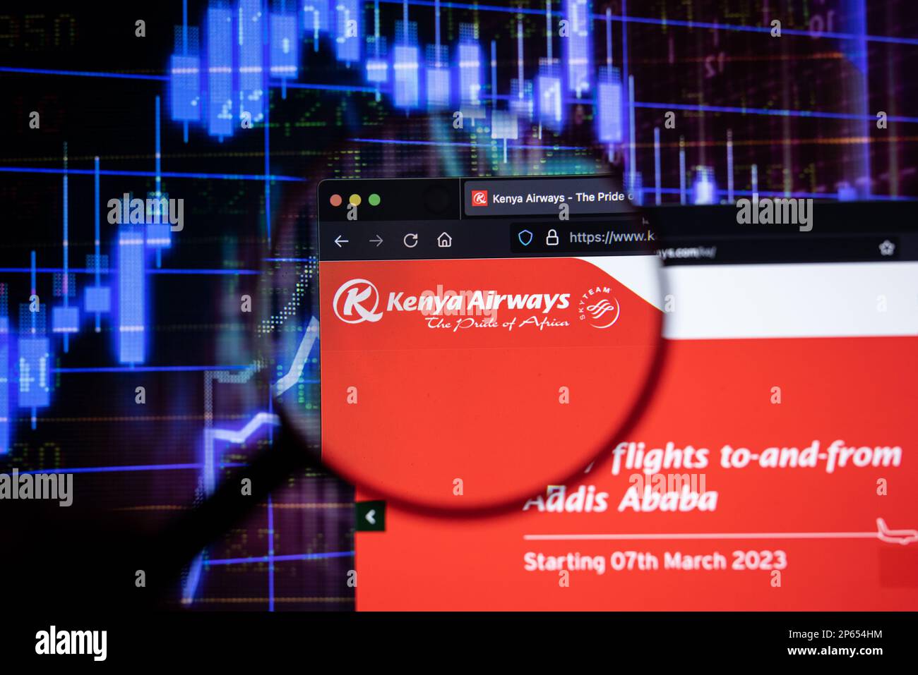Kenya Airways company logo on a website with blurry stock market developments in the background ...