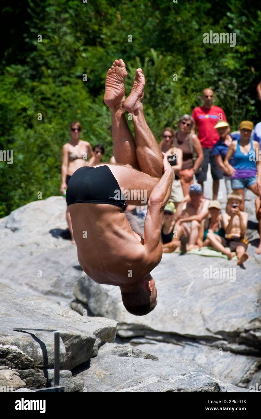 Switzerland, Maggia valley, Ponte Brolla, Cliff diving Stock Photo - Alamy