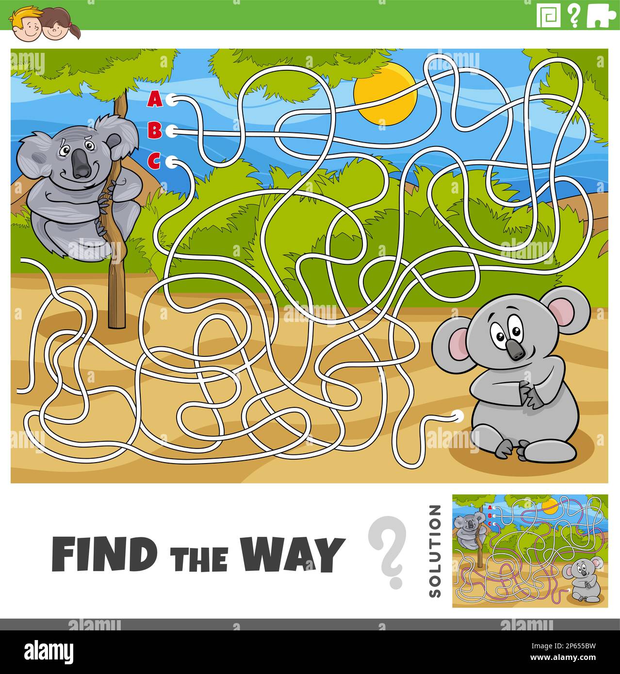 Cartoon illustration of find the way maze puzzle game with koala bears ...