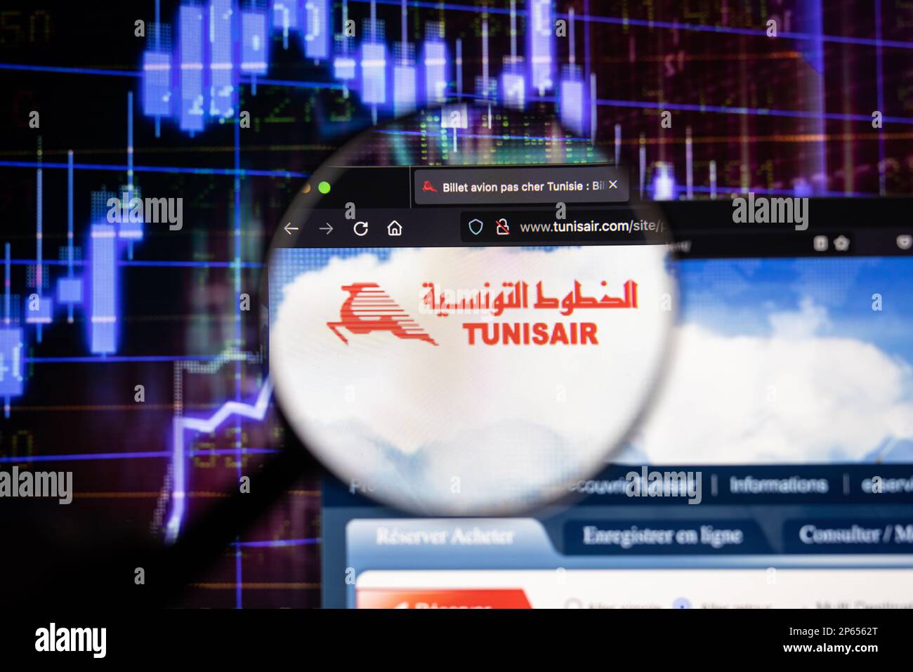 Tunisair airline company logo on a website with blurry stock market ...