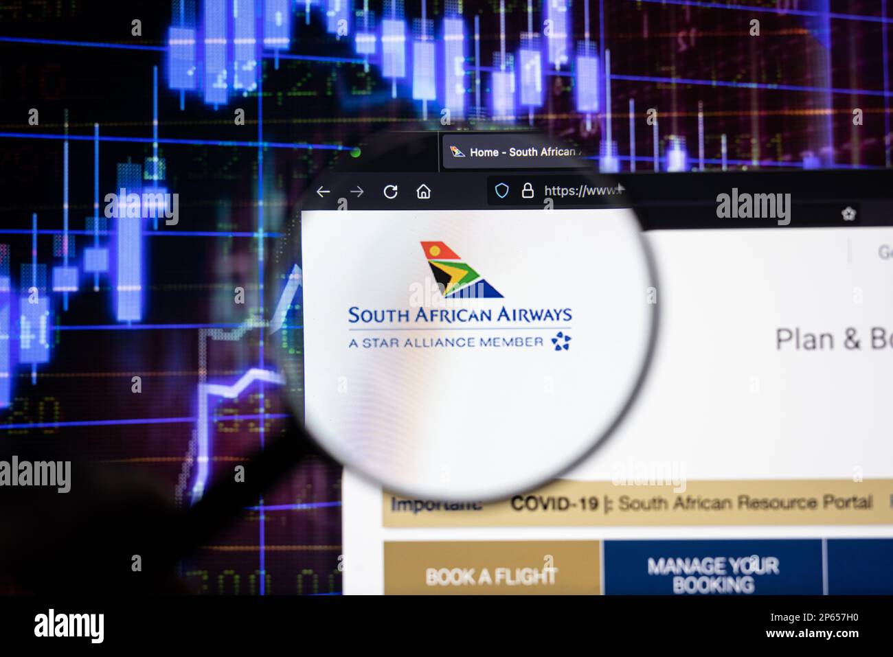 South African Airways company logo on a website with blurry stock market developments in the ...