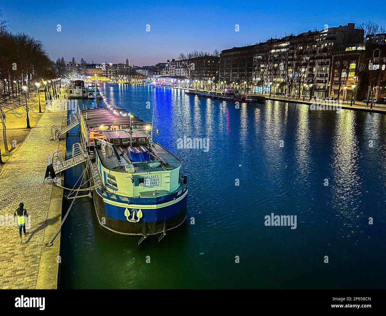 Paris, France, Scenic, Night Views, High Angle, Canal Saint Martin ...