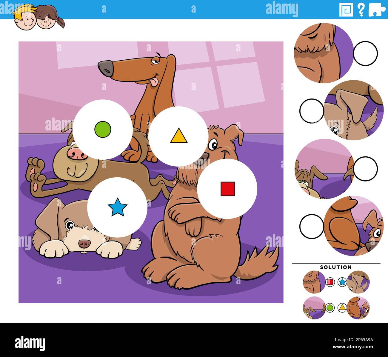 Cartoon illustration of educational match the pieces jigsaw puzzle task ...