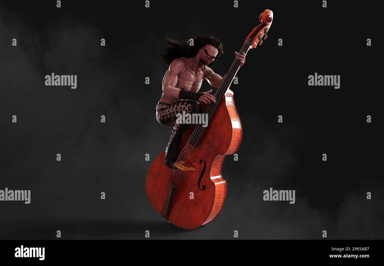 3d Illustration Devil pose and plays a double bass surrounded on dark ...