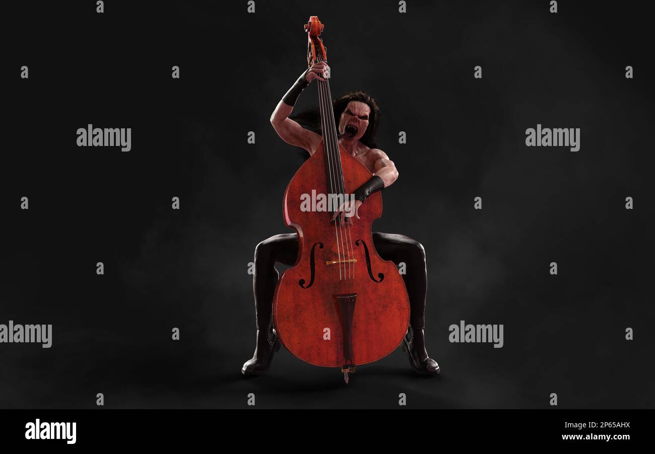 3d Illustration Devil pose and plays a double bass surrounded on dark ...