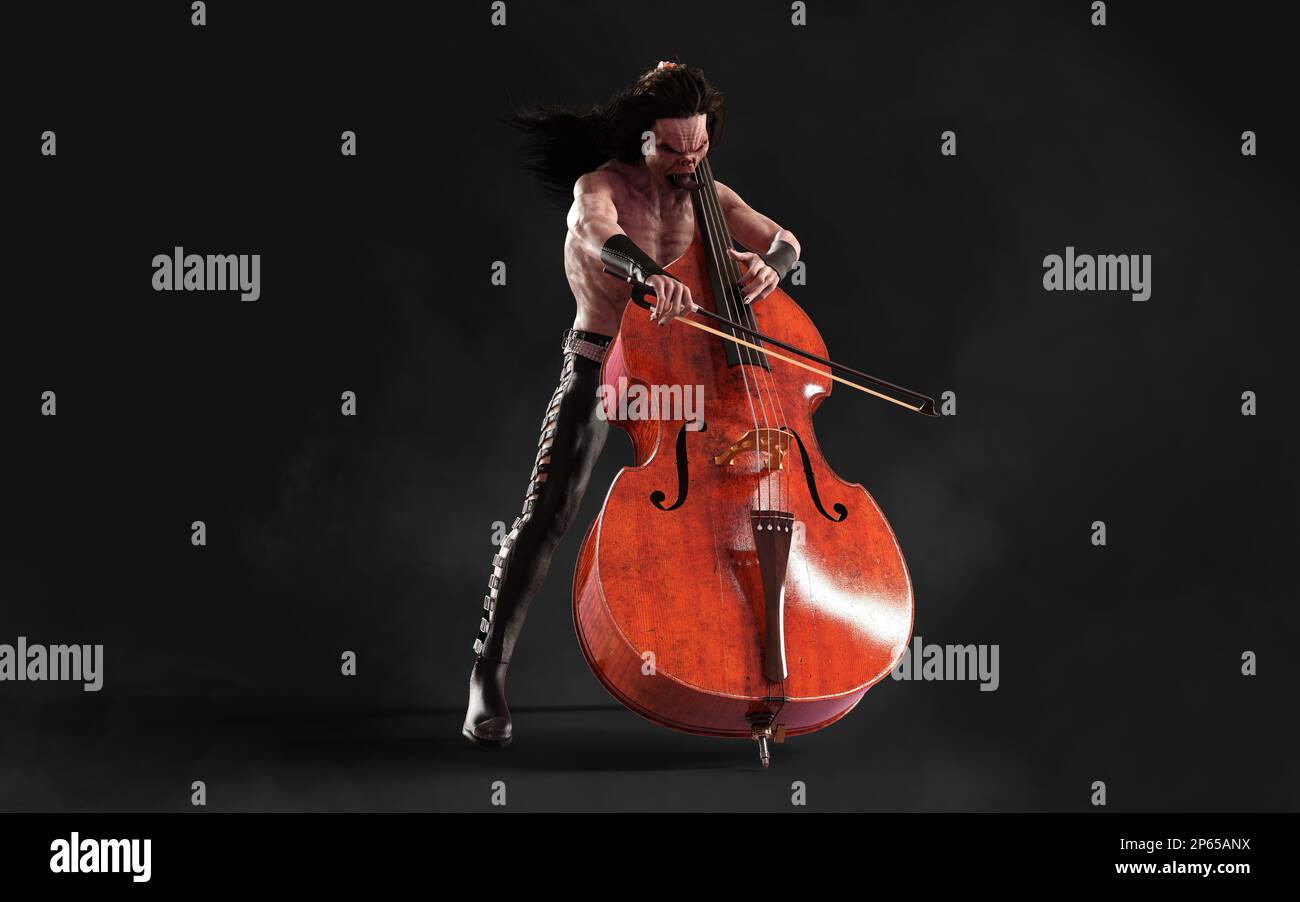 3d Illustration Devil pose and plays a double bass surrounded on dark ...