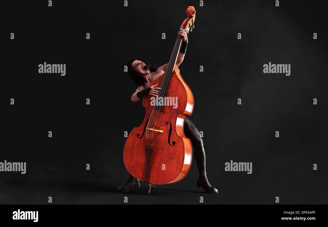 3d Illustration Devil pose and plays a double bass surrounded on dark ...