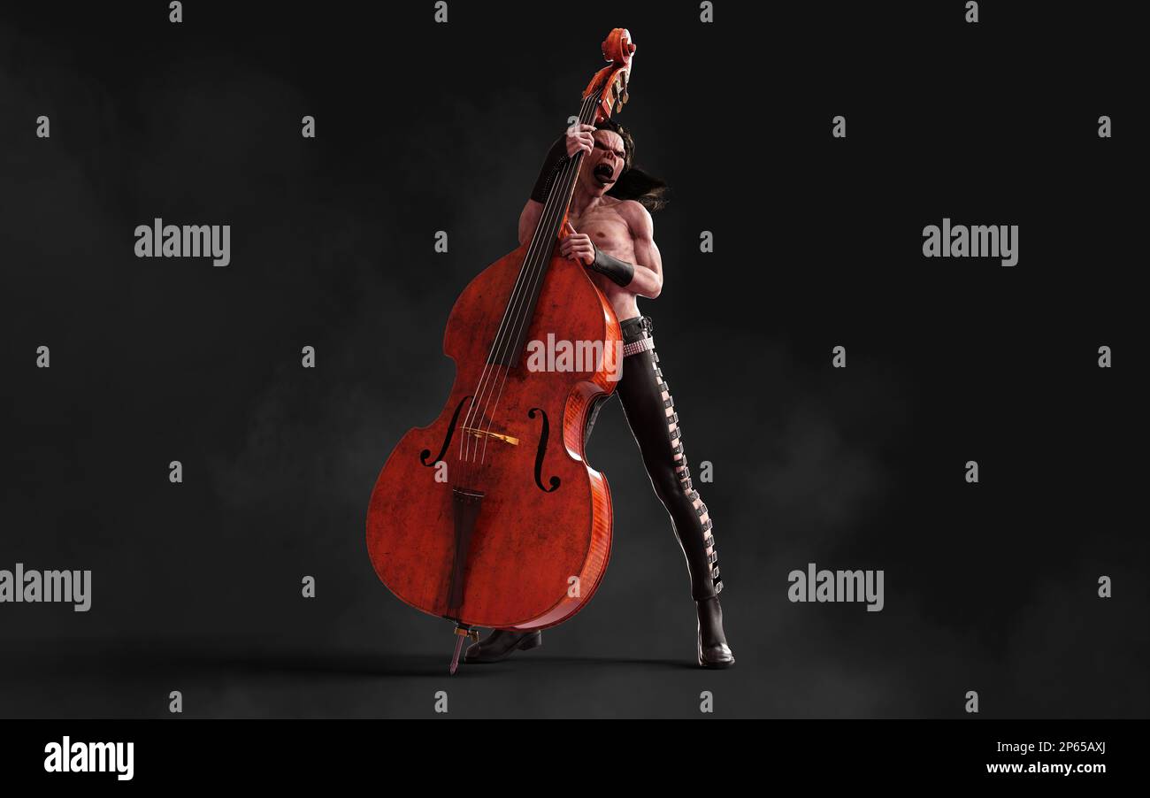 3d Illustration Devil pose and plays a double bass surrounded on dark ...