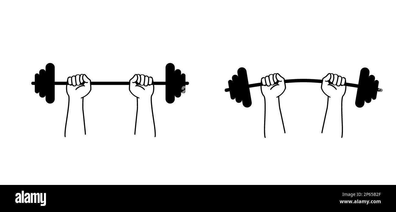 Cartoon barbell weight icon or Strength symbol. Hands lifted barbell ...