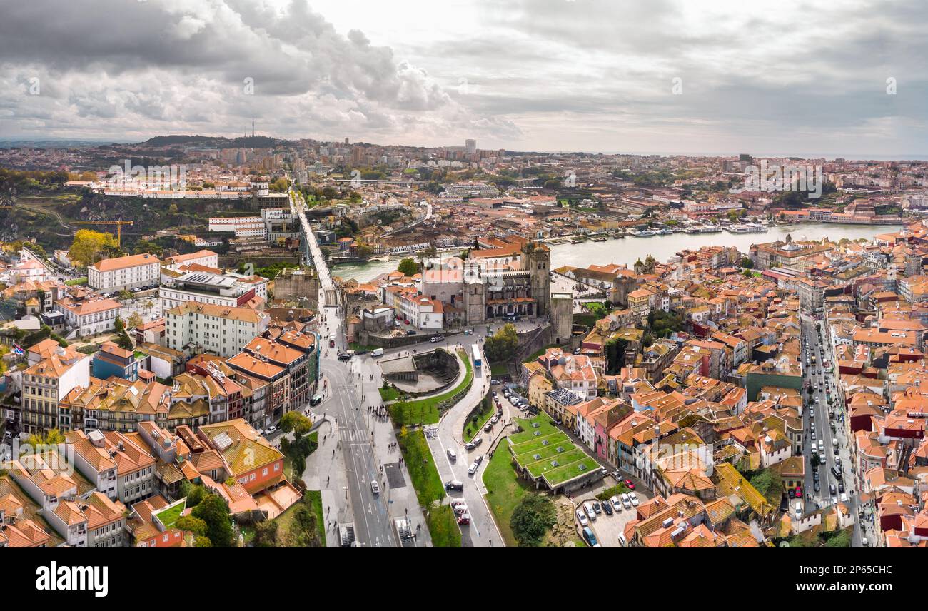 Aerial drone point of view of Porto city. View of old town center ...
