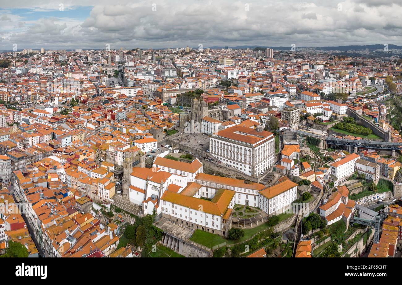 Aerial drone perspective of Porto city. View of old historic center. In ...