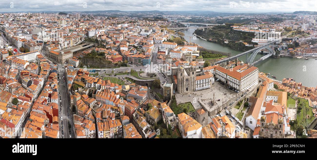 Aerial drone perspective of Porto city. View of old historic center. In ...
