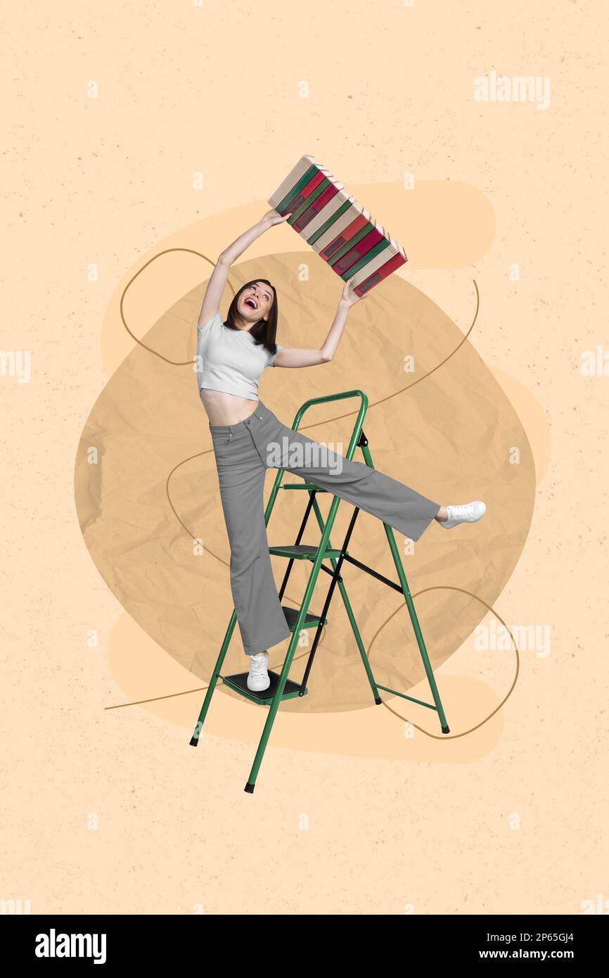 Composite collage photo of young smart student girl hold pile books ...