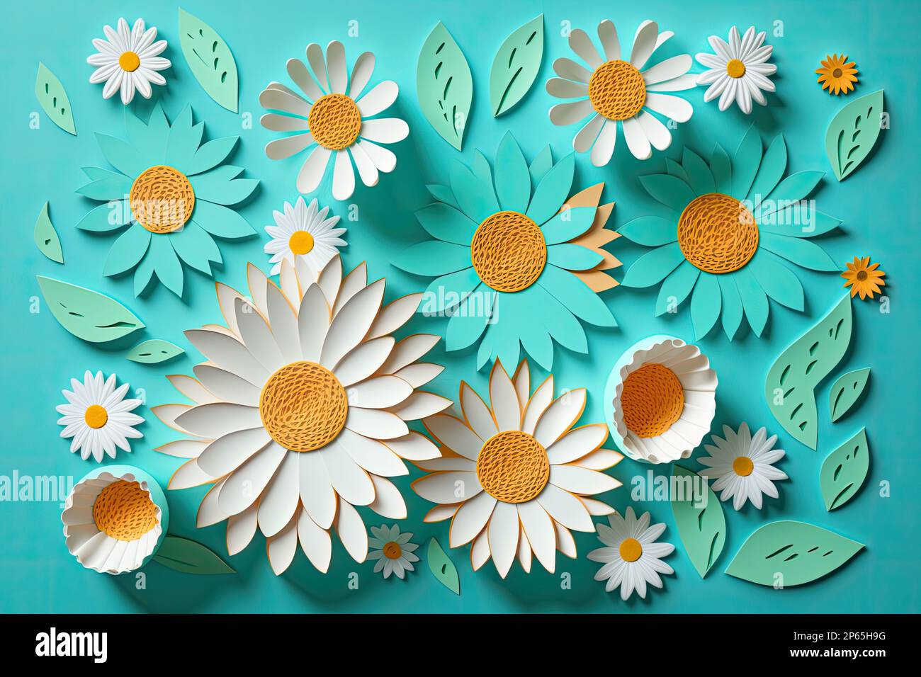 Paper daisies on a turquoise background symbolize the arrival of spring ...