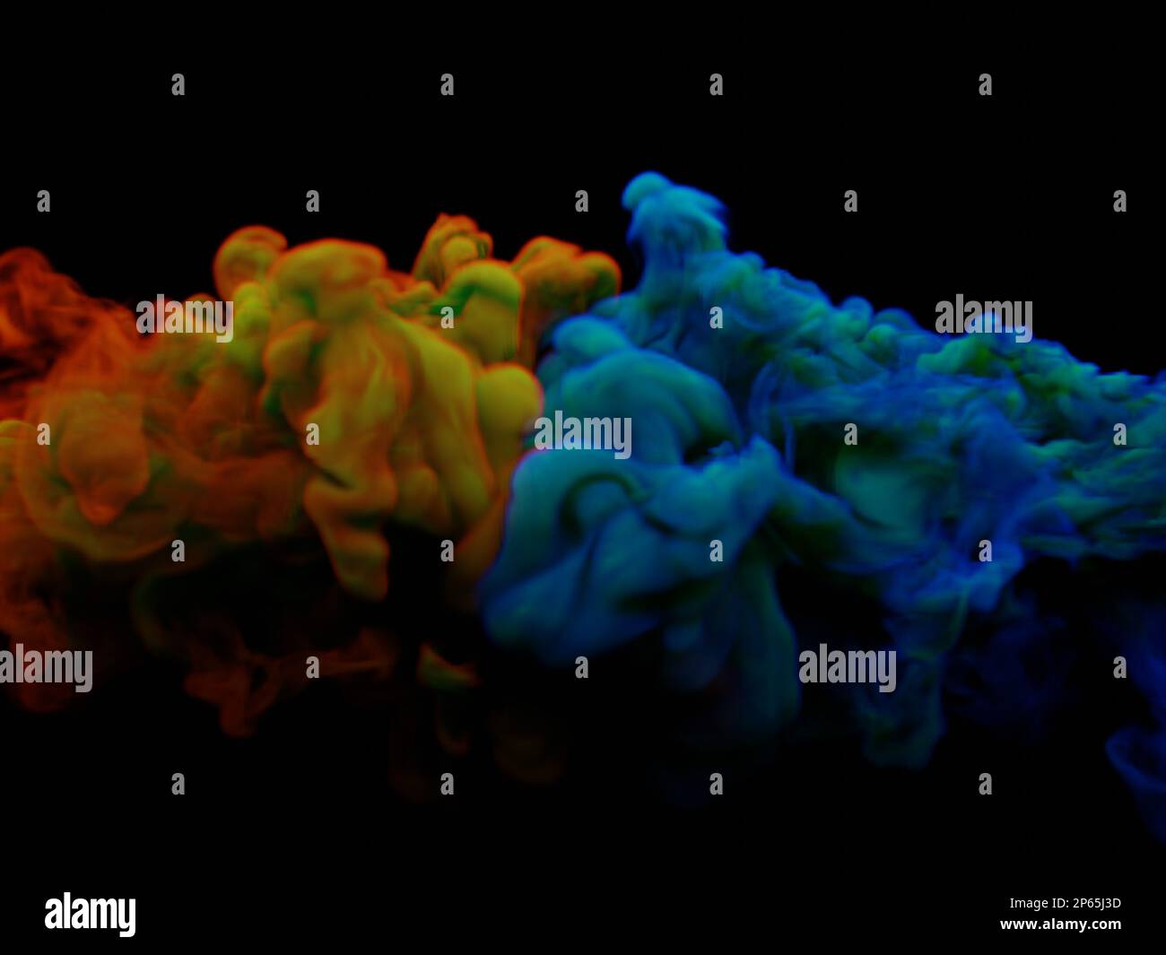 Puffs of red yellow blue smoke on a black background. 3d illustration ...