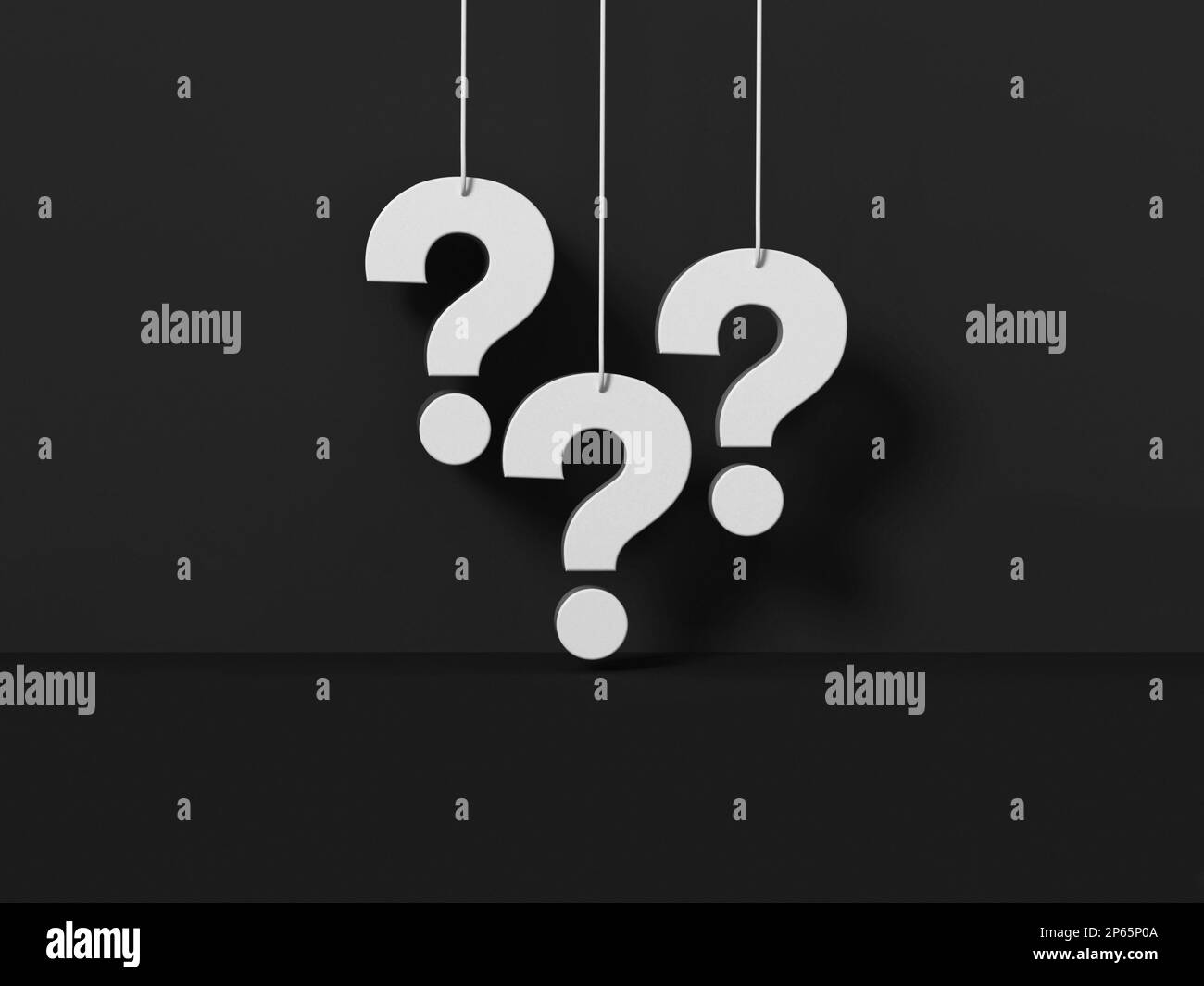Room black wall background with Three question marks white hanging. 3D ...