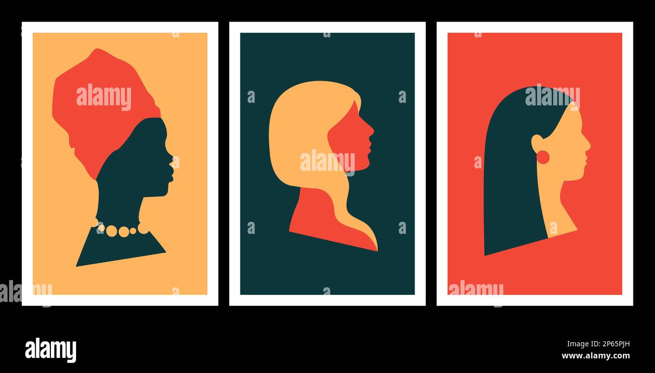 Abstract boho posters set. Minimal retro wall art with woman profile ...