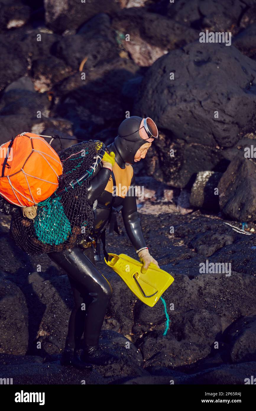 Haenyeo, the female divers in the Jeju island, South Korea Stock Photo ...