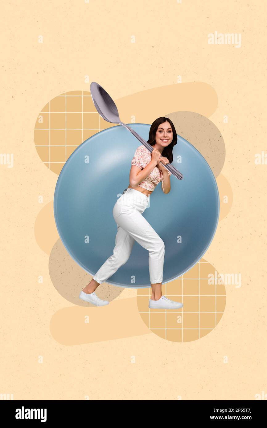 Vertical marketing advertisement collage of young funny excited lady ...