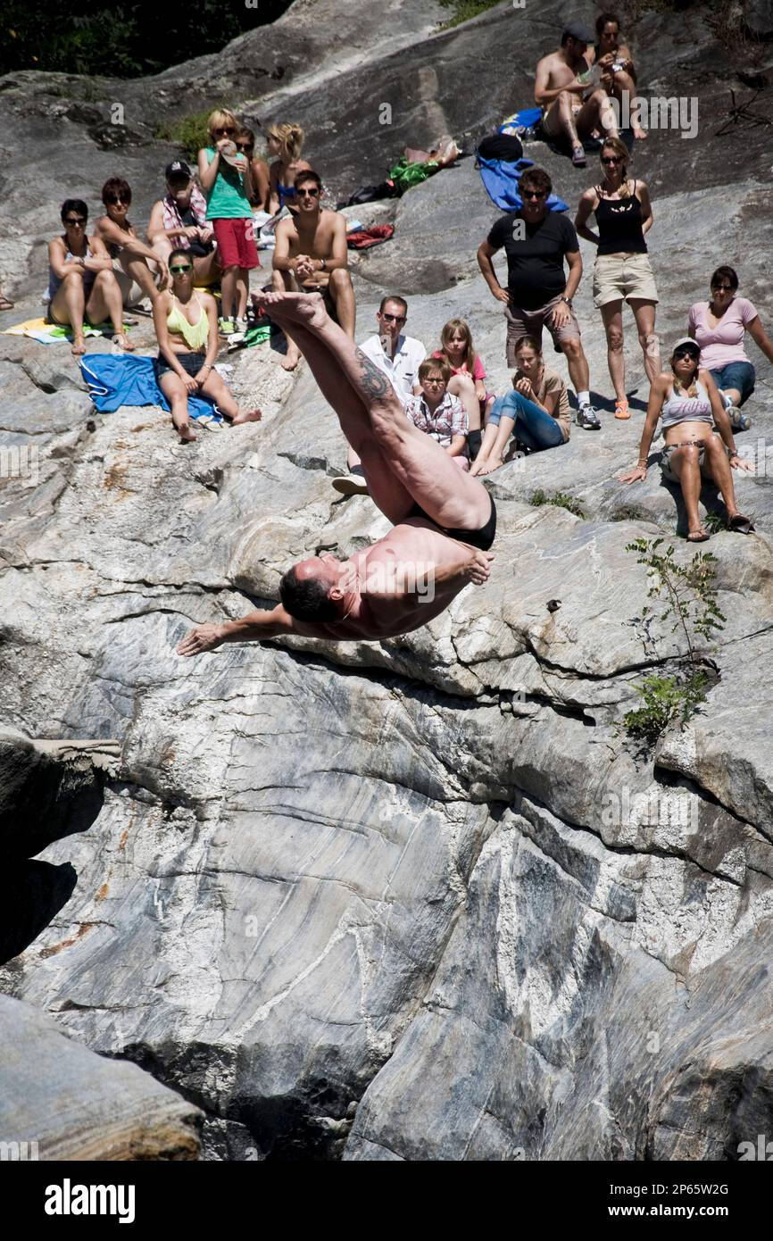 Switzerland, Maggia valley, Ponte Brolla, Cliff diving Stock Photo - Alamy