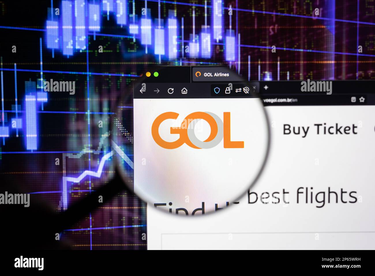 GOL airline company logo on a website with blurry stock market ...