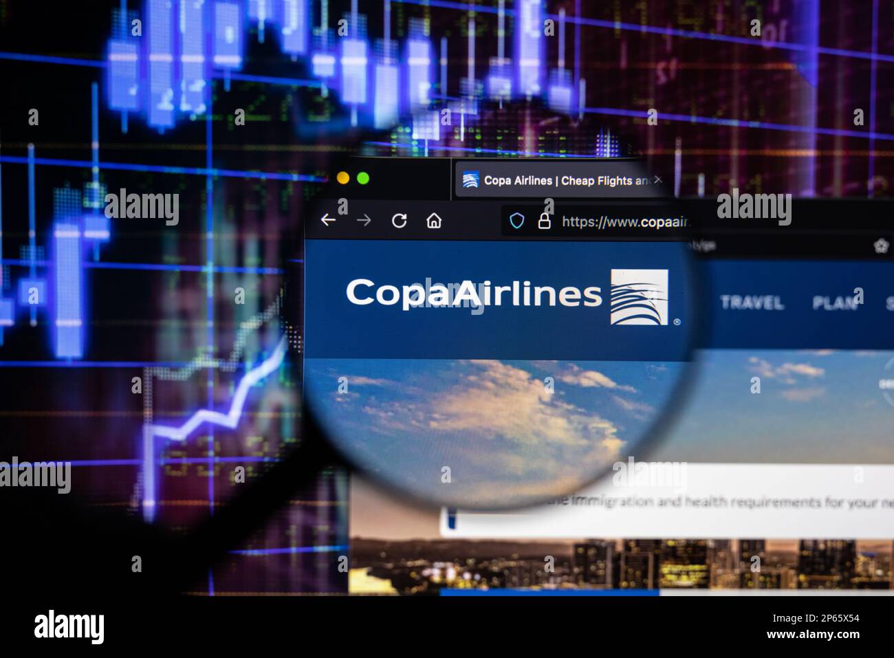 Copa Airlines company logo on a website with blurry stock market developments in the background ...