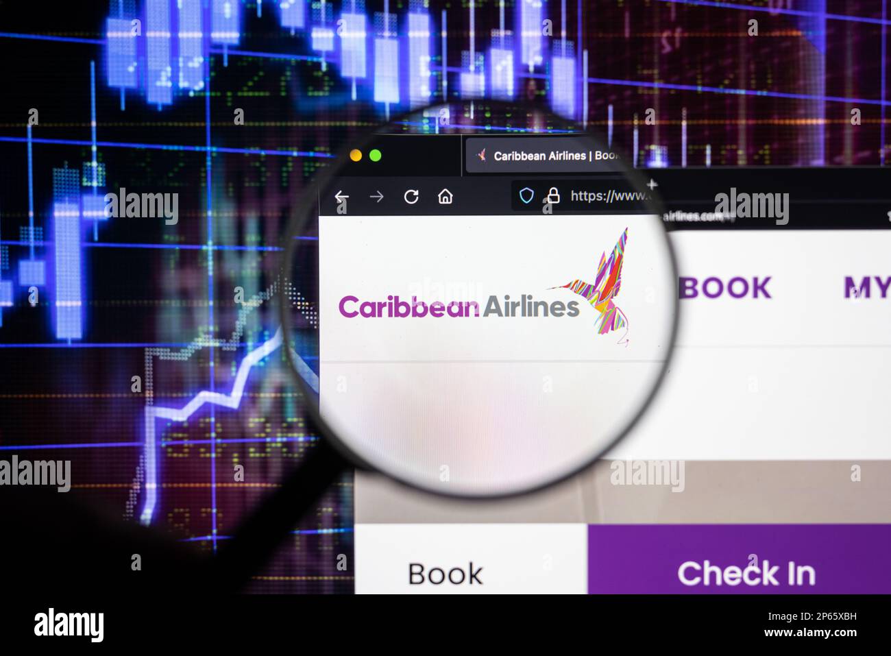 Caribbean Airlines company logo on a website with blurry stock market developments in the ...