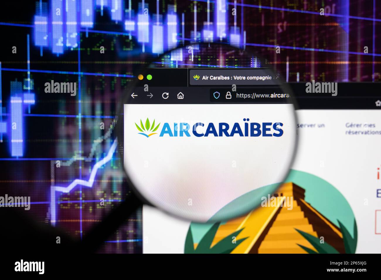 Air Caraibes company logo on a website with blurry stock market ...