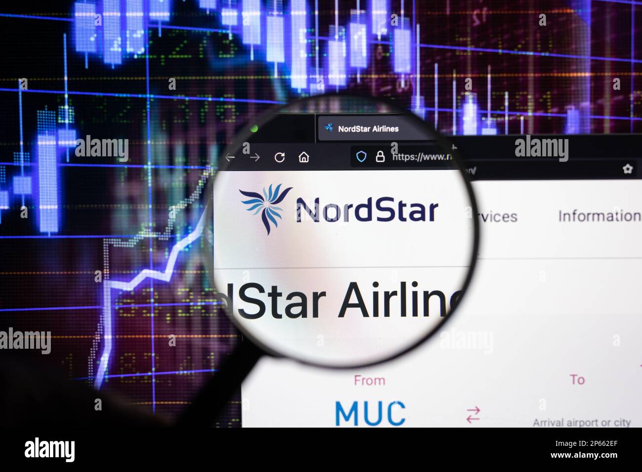NordStar airlines company logo on a website with blurry stock market developments in the ...