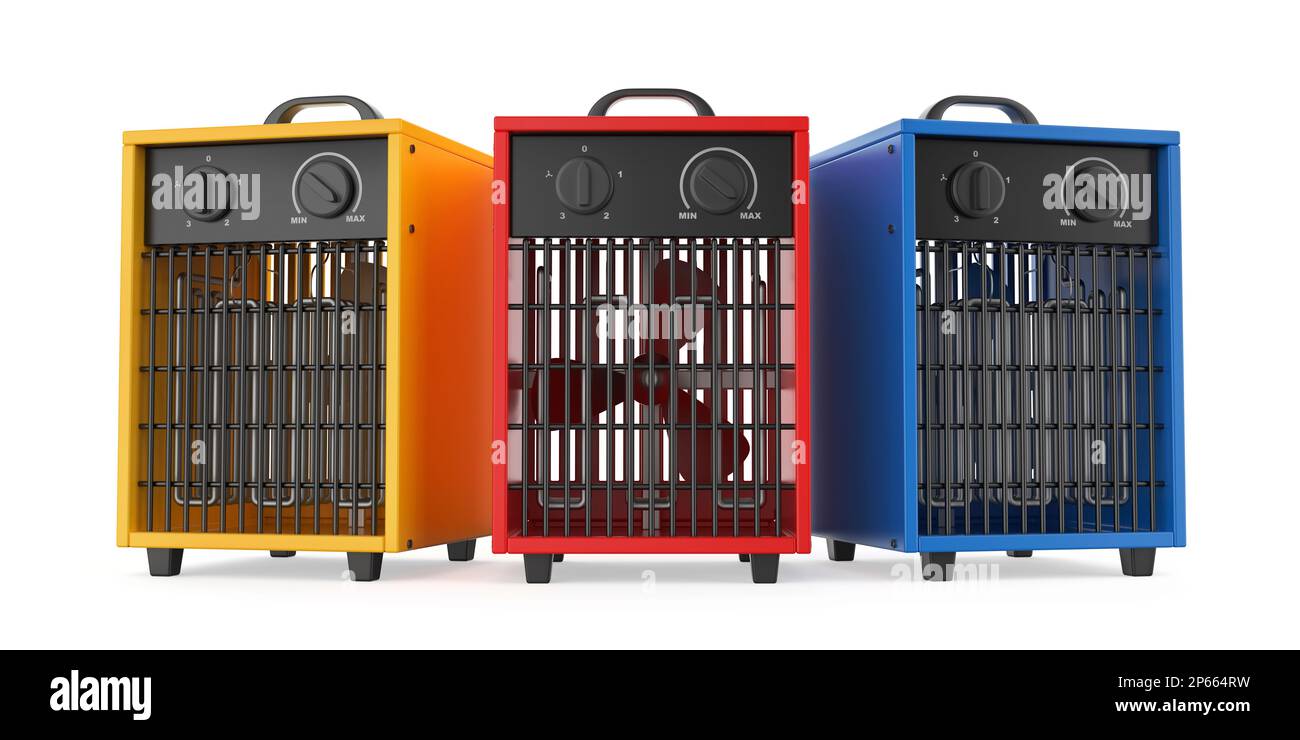 Three industrial electric fan heaters with different colors Stock Photo ...