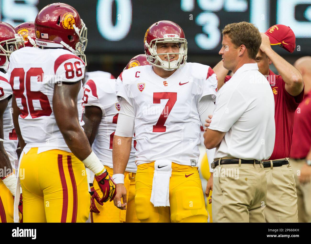 September 8, 2012: USC Trojans quarterback Matt Barkley (7) reacts ...