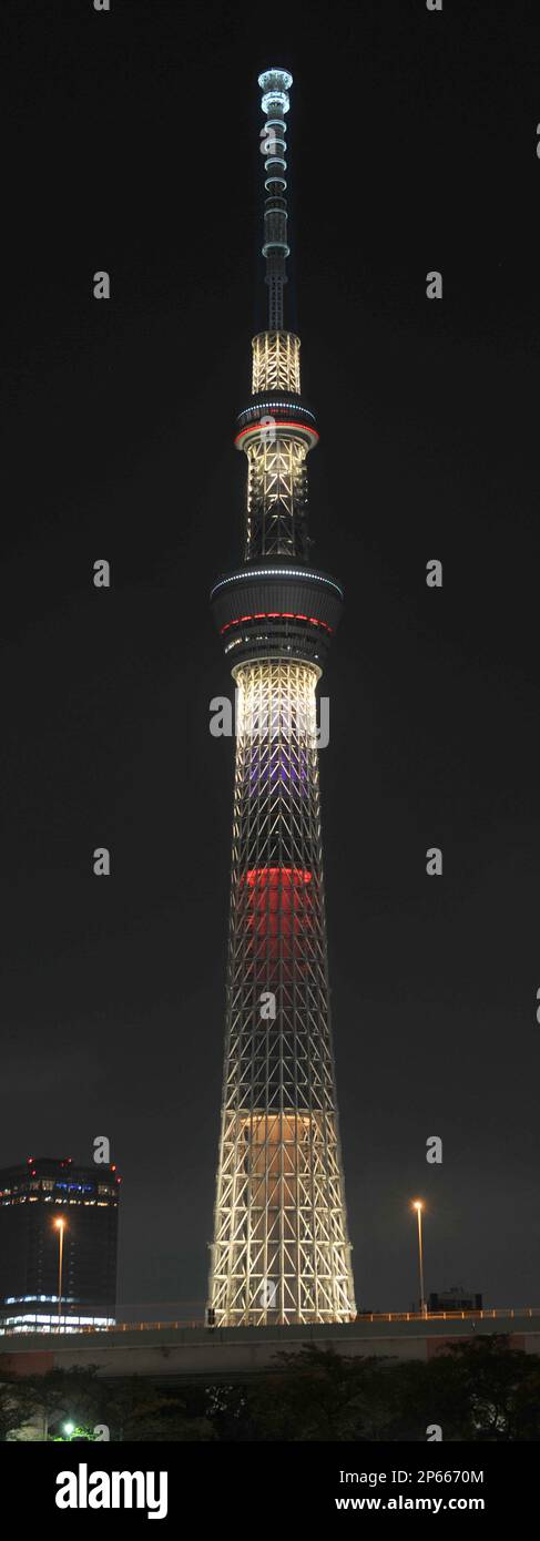 Tokyo SkyTree is illuminated with five colors in Sumida Ward, Tokyo on ...