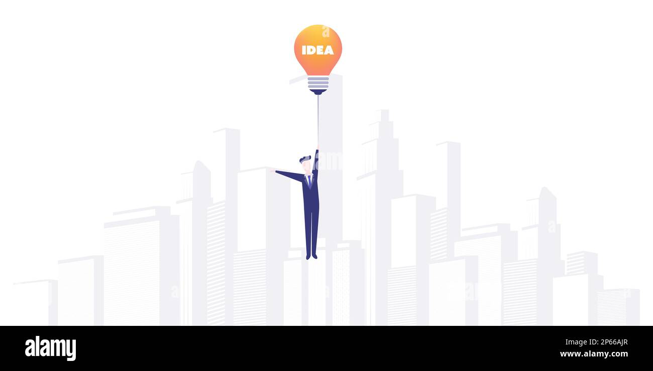 Businessman Flying Above a City with a Lightbulb Ballon - Design ...