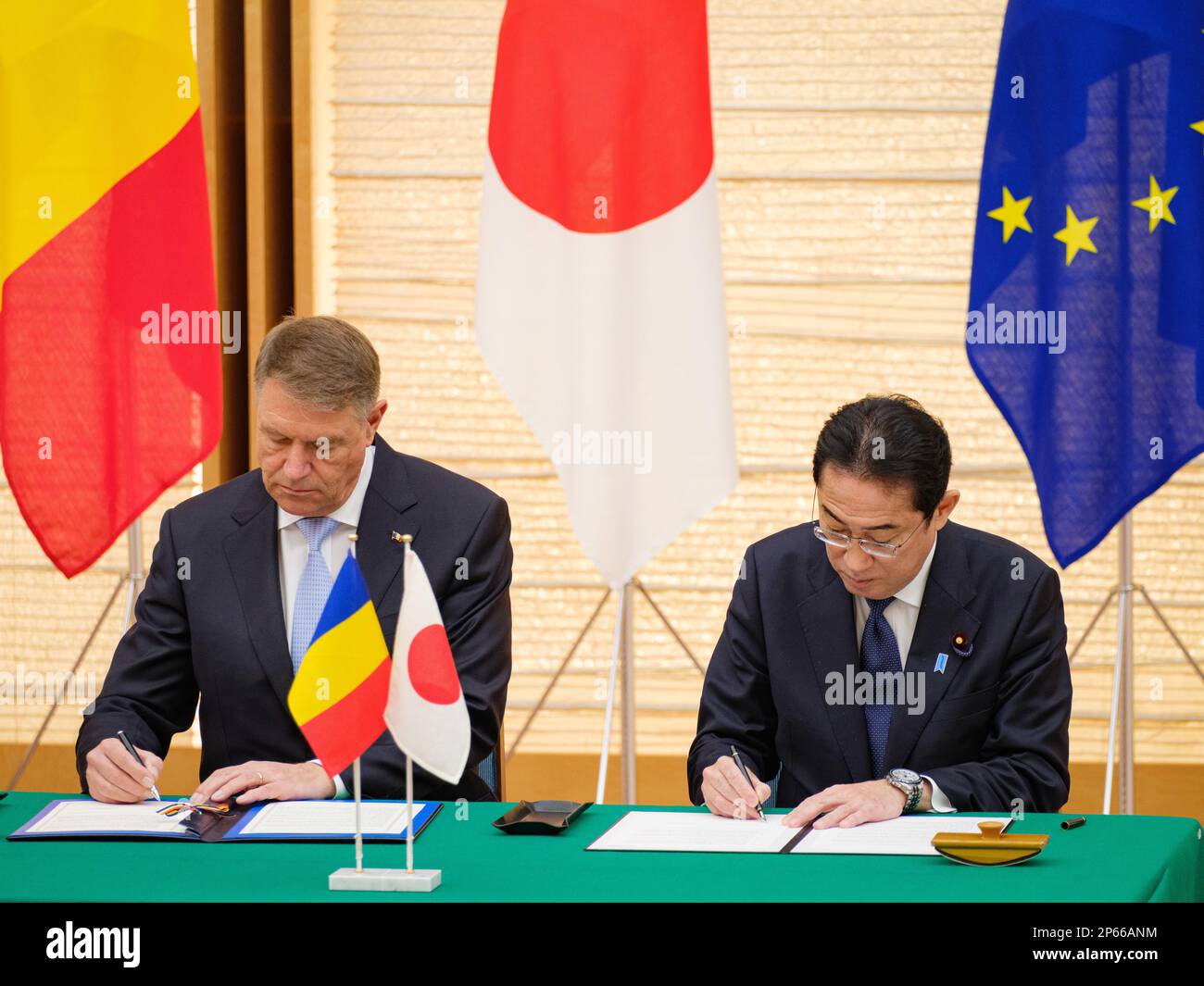 Tokyo, Japan. 7th Mar, 2023. Romania President Klaus Iohannis (L) and ...