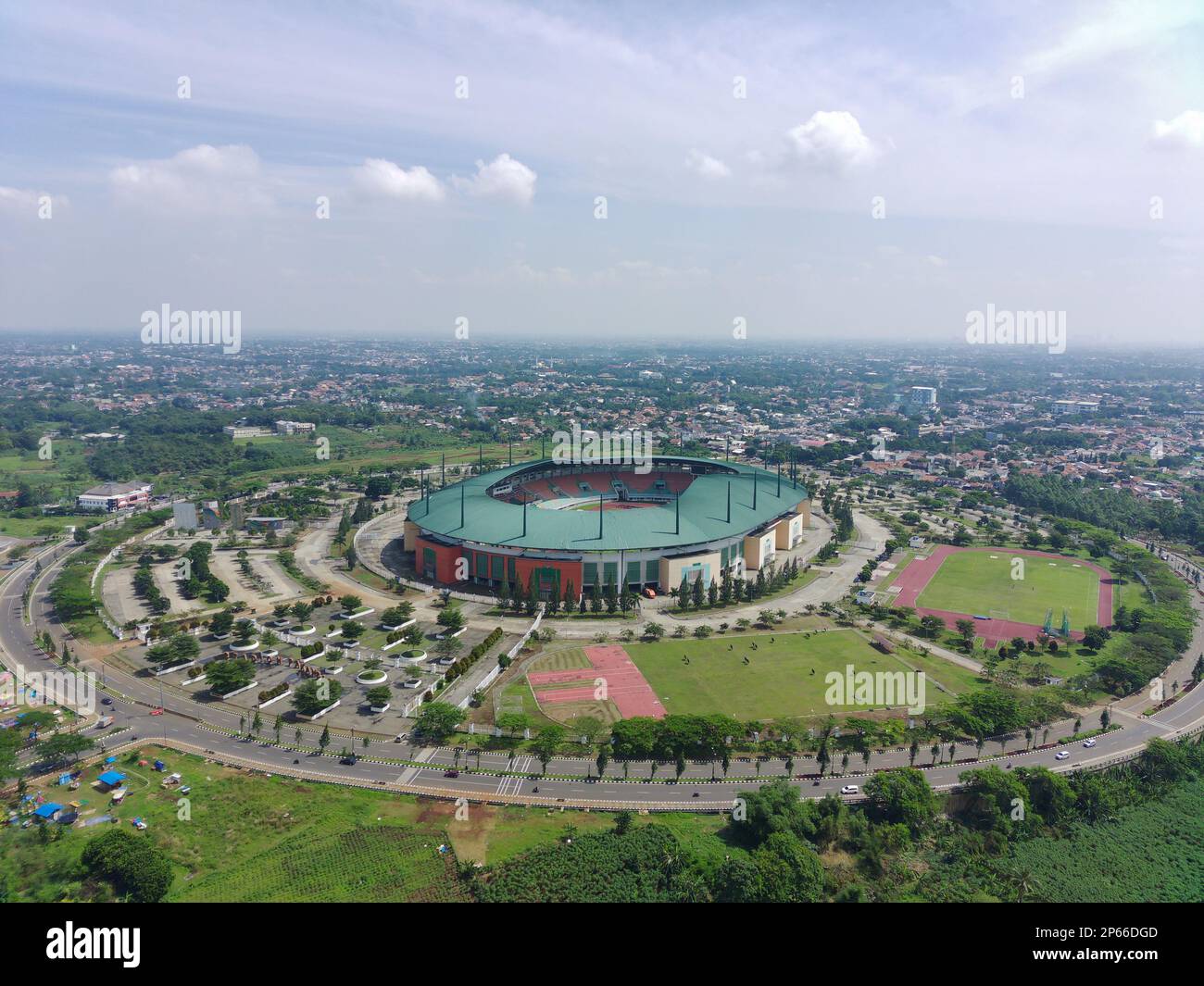 aerial view of Pakansari stadium on a sunny day located in Bogor ...