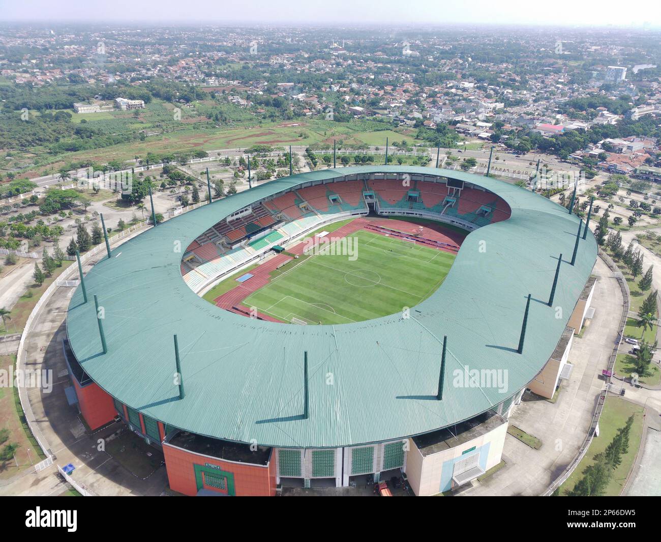 aerial view of Pakansari stadium on a sunny day located in Bogor ...