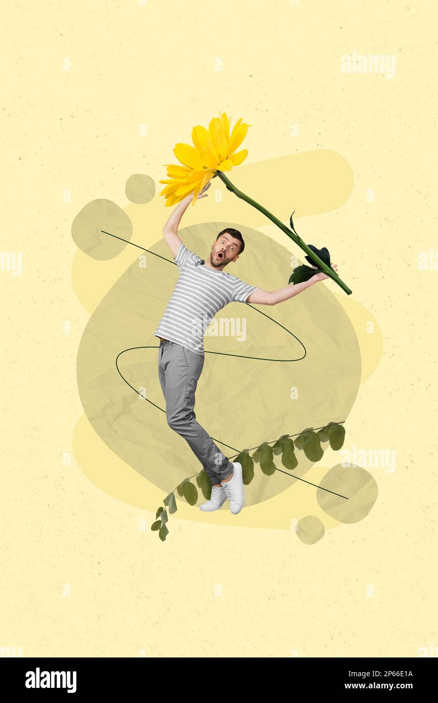 Photo collage picture poster postcard artwork of crazy joyful guy hold ...