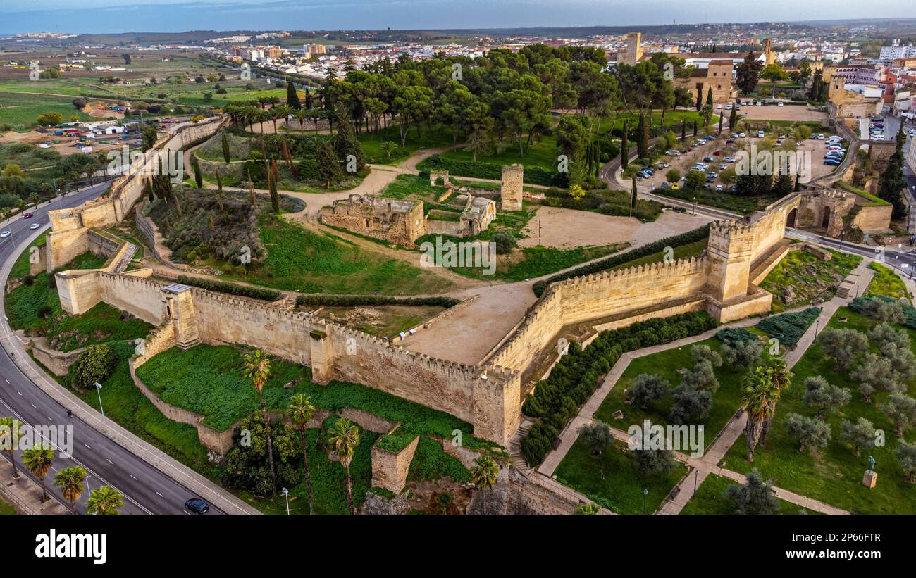 Aerial of the Alcazaba castle, Badajoz, Extremadura, Spain, Europe ...