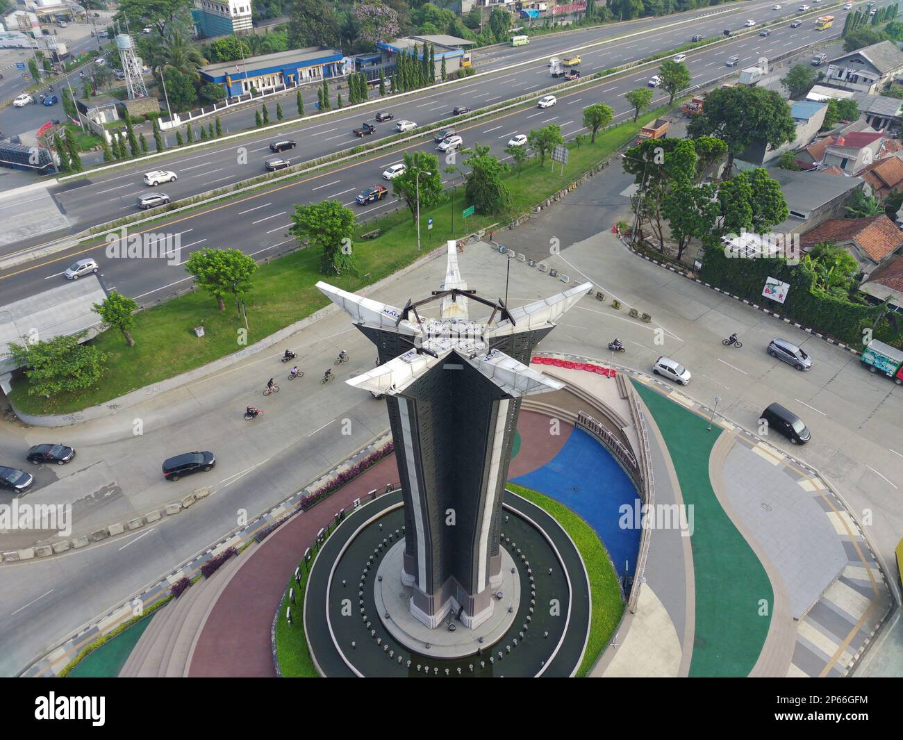 aerial view of Tugu Pancakarsa in the morning at the crossroads side by ...