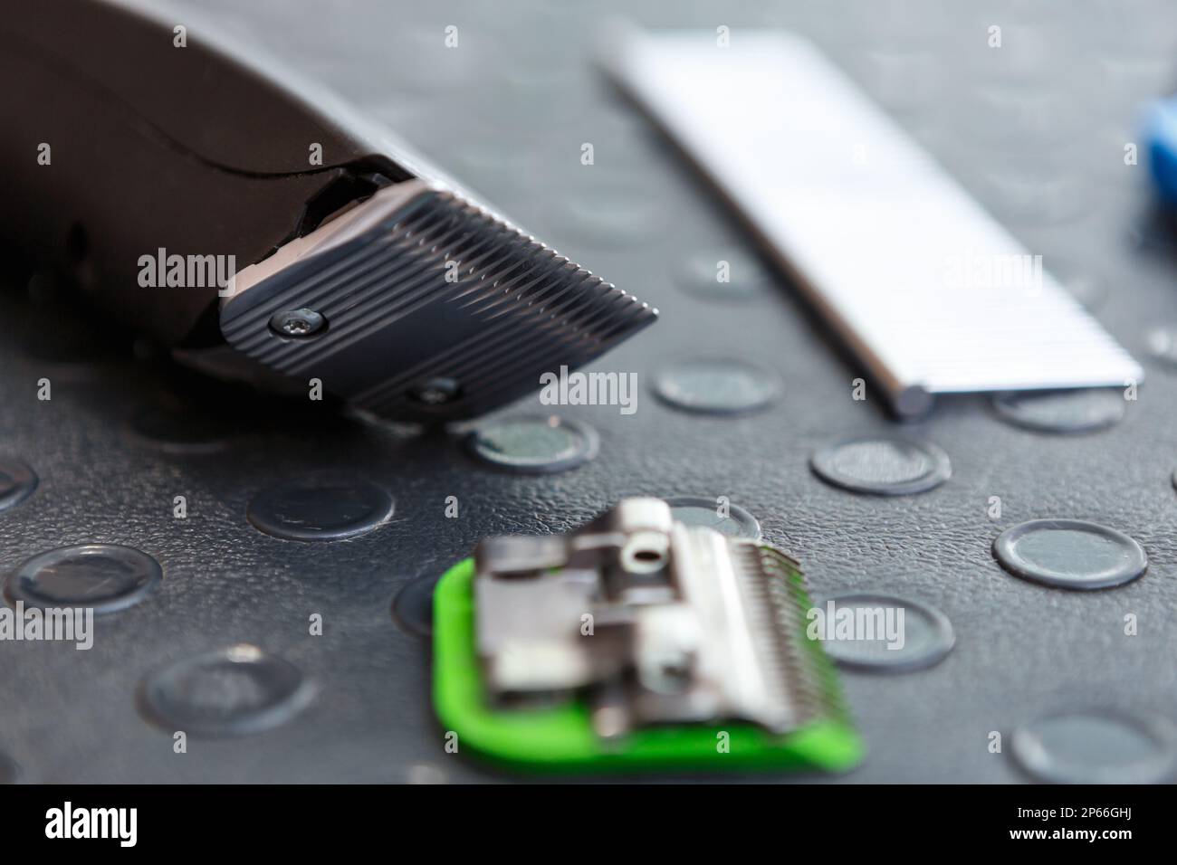 Pet groomer tools on table. Professional electric shaving machine ...