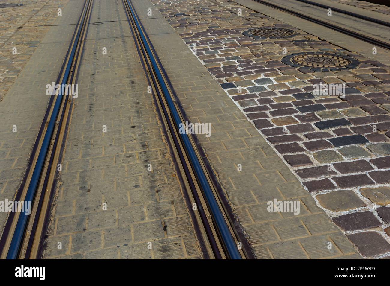Metallic tracks in urban environment for tram. background image Stock ...