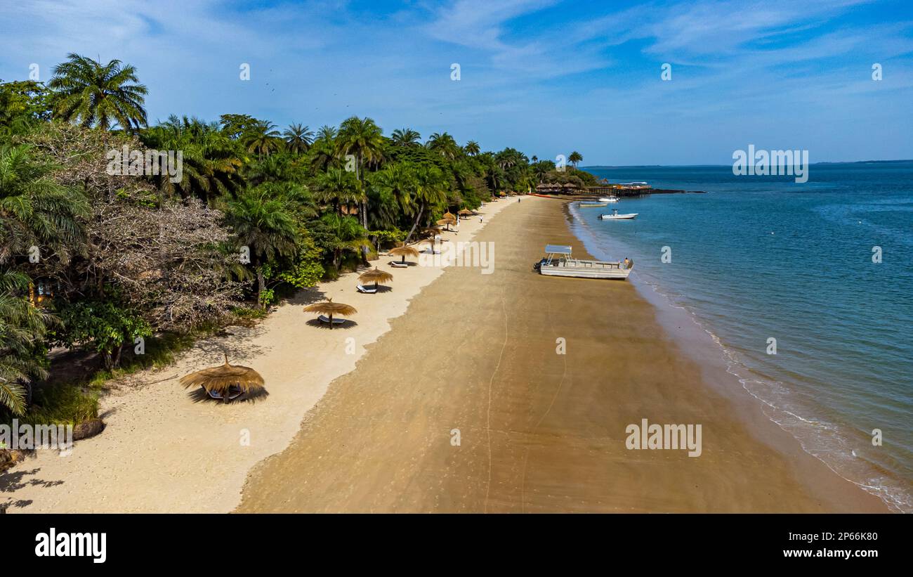 Aerial of a sandy beach on Rubane island, Bijagos archipelago, Guinea ...