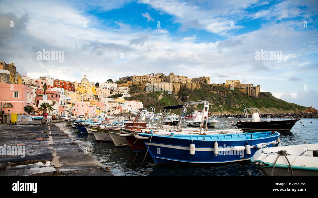 Beautiful Italian island of Procida, famous for its colorful marina ...